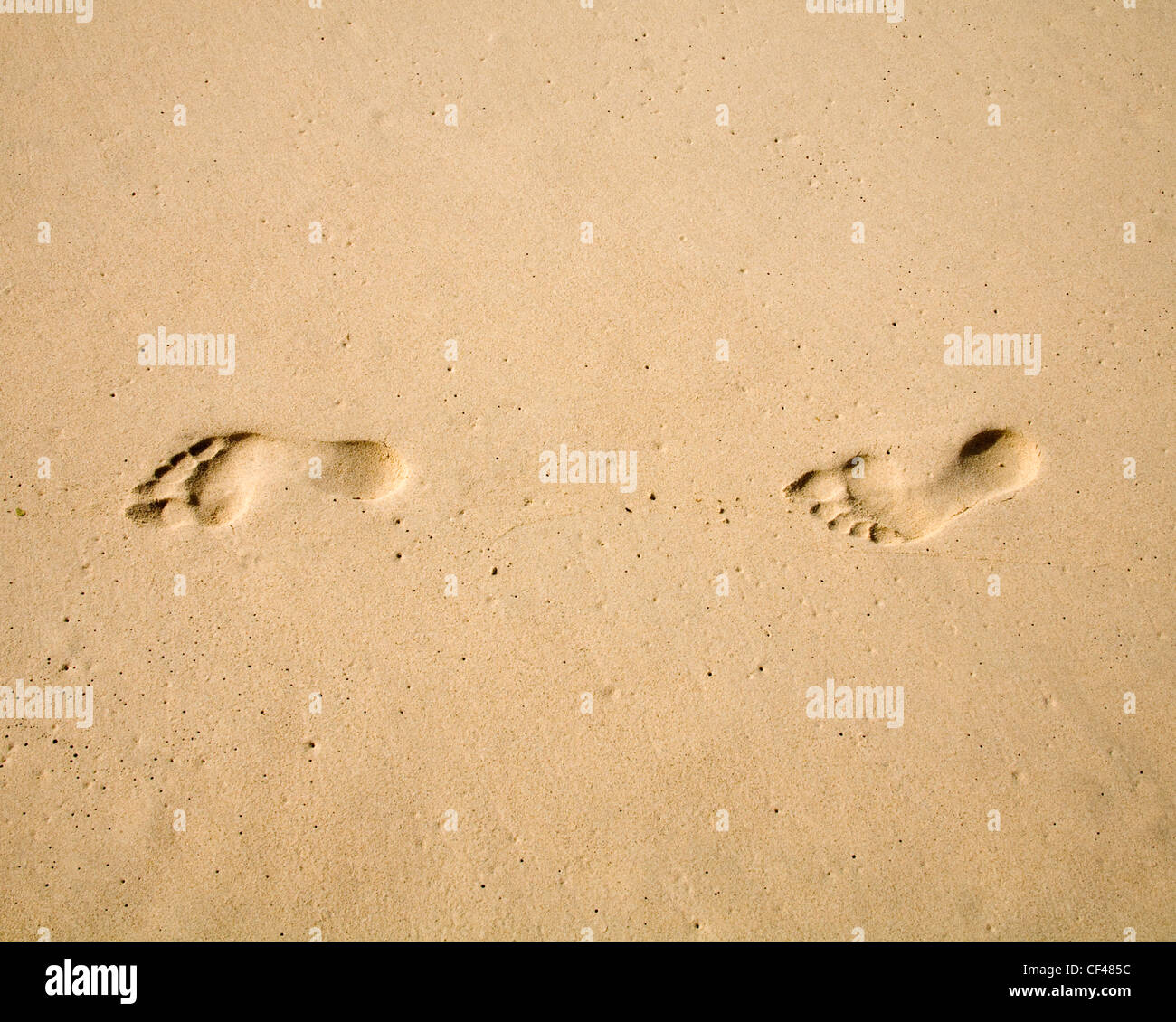 Close up two foot prints from bare footed walker in white sand Stock ...