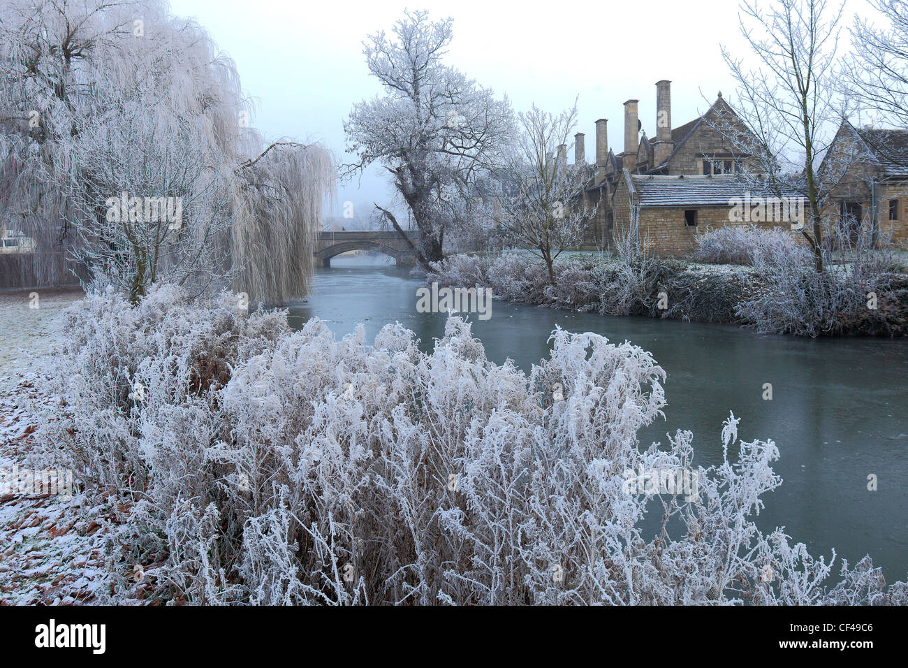 A frosty winter scene over the river Welland Meadows in the Georgian ...
