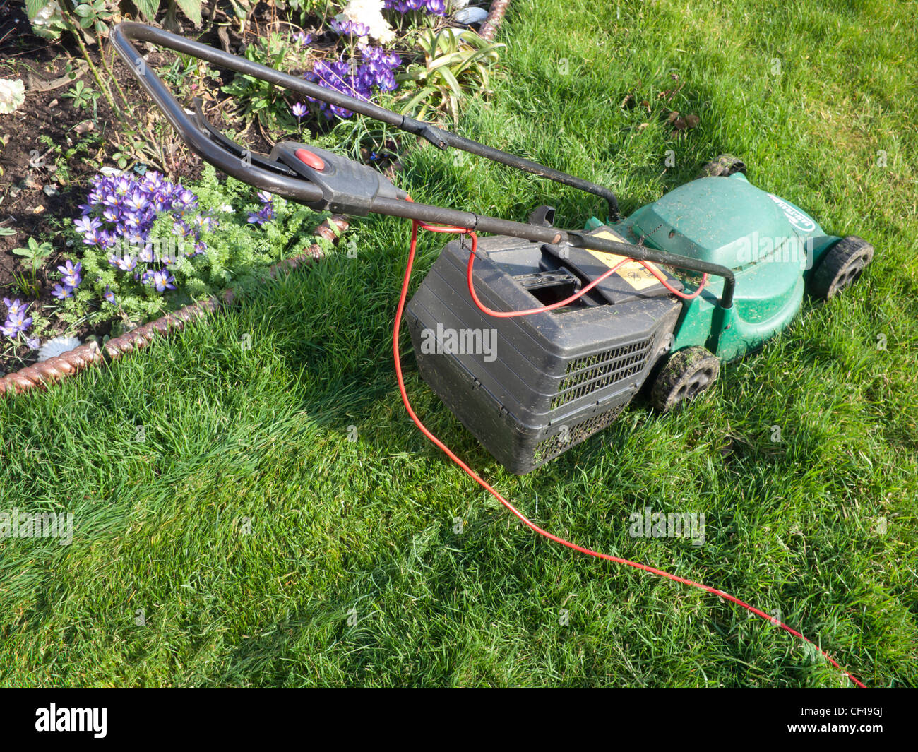 Lawnmower cutting grass the first cut in springtime Stock Photo - Alamy