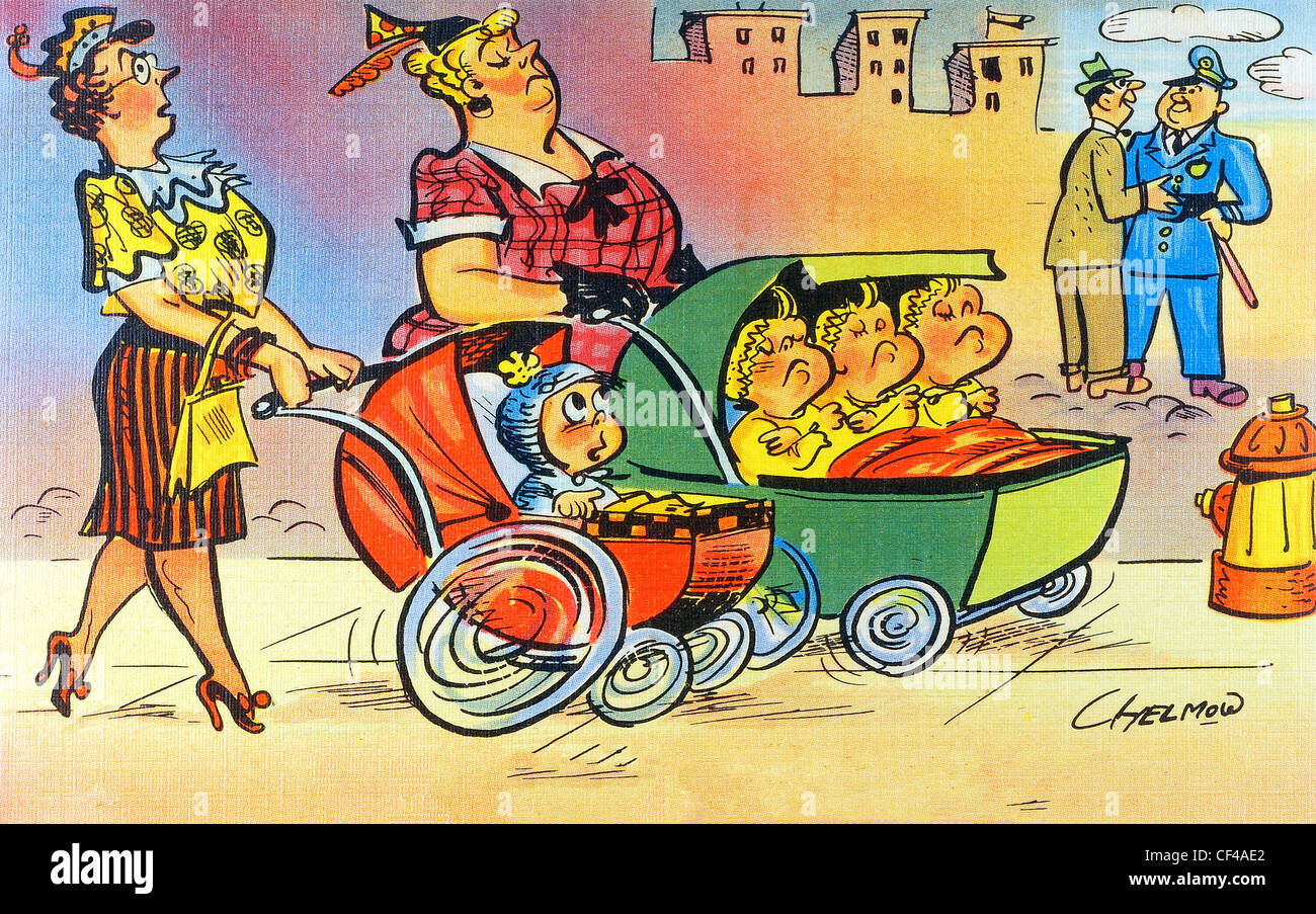 Vintage comic post card by Chelmow Munson Faber of two women pushing ...