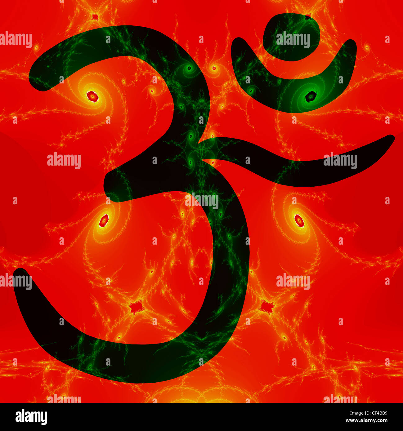Dark green OM symbol overlaid on fractal image suggestive of stars and ...