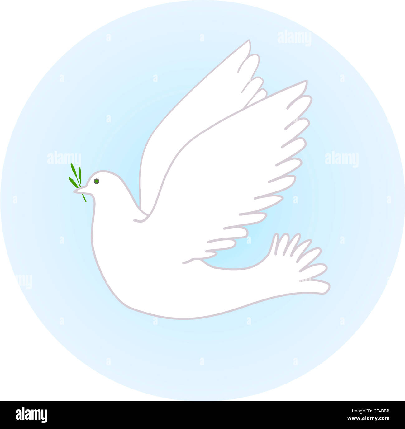 Simple illustration of Flying dove with Olive twig against pale blue ...
