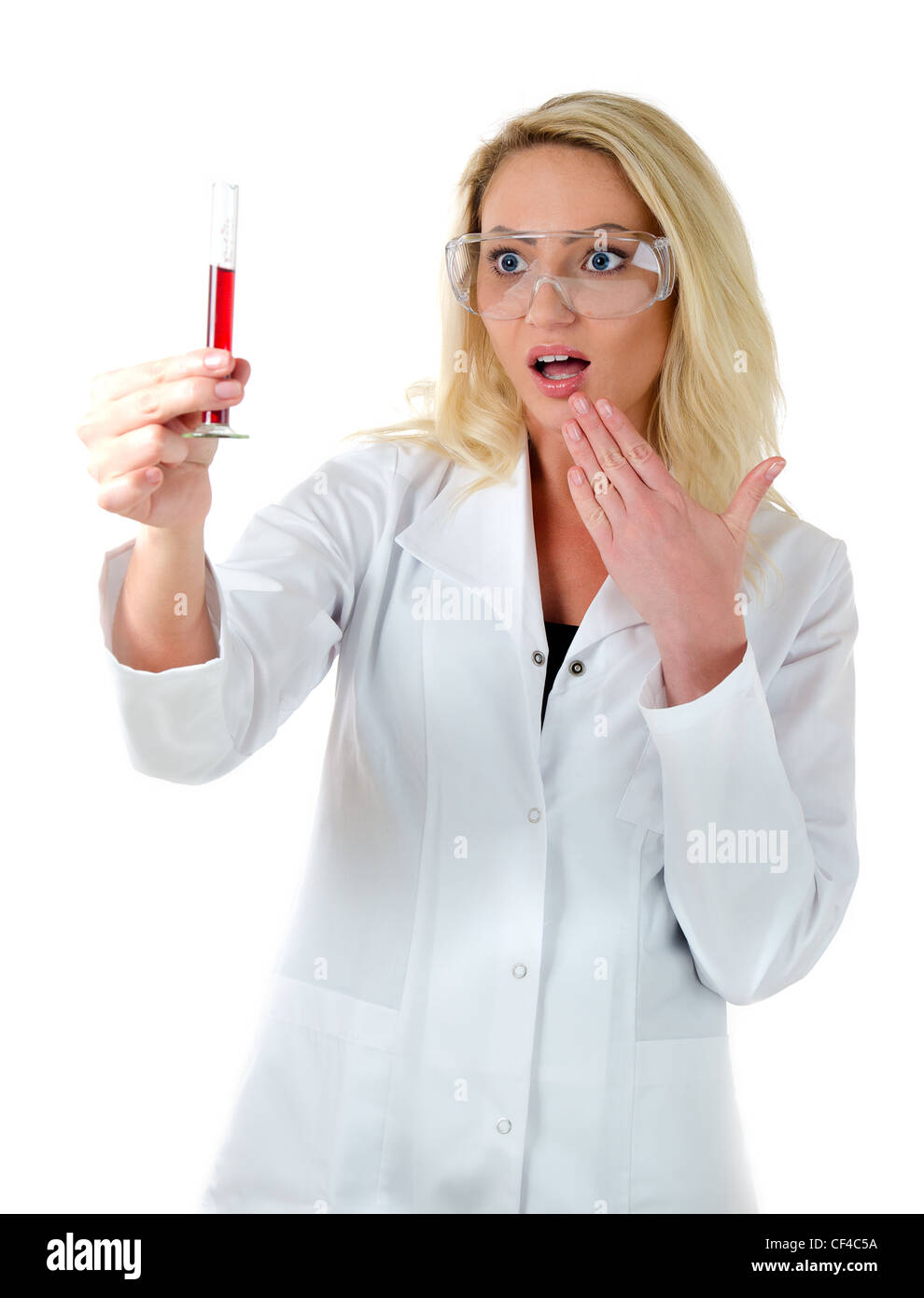 Young biology student saw someting scared in laboratory tube with red ...