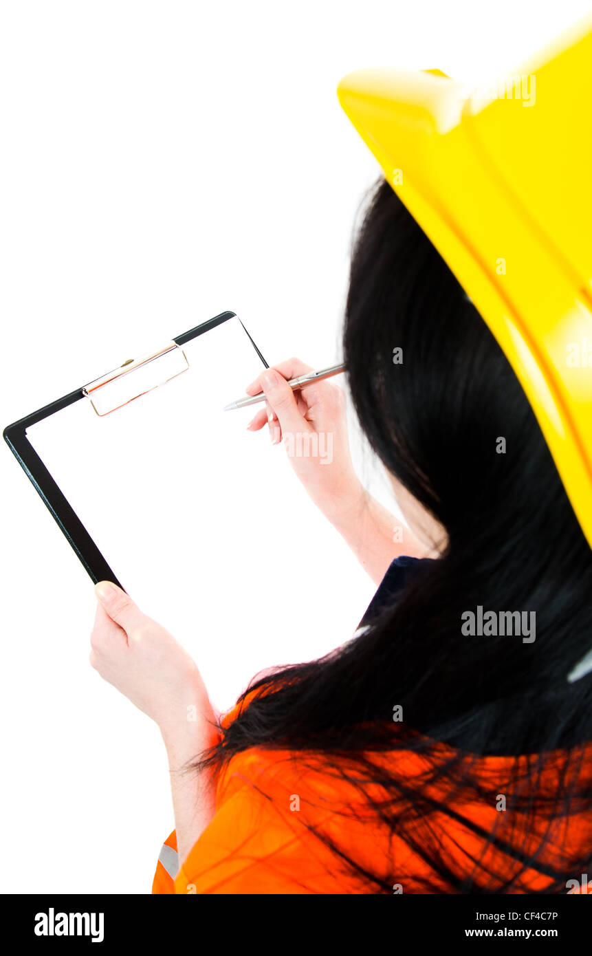 Engineer woman taking notes in her clipboard - space for own text Stock ...