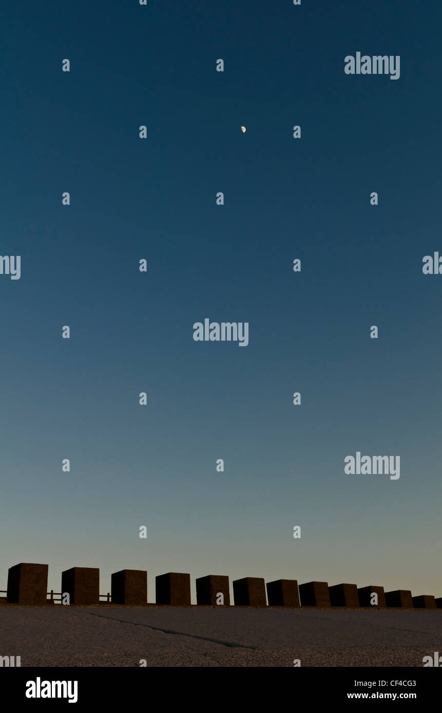 The concrete sea defenses at Rossall Beach near Cleveleys in Lancashire ...