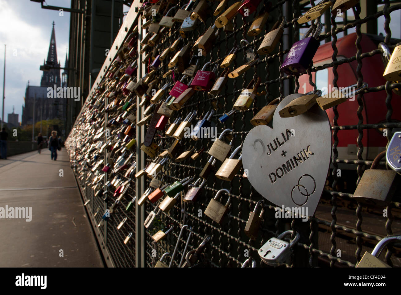 Padlocks on the railway bridge over the River Rhine, Cologne, Germany ...