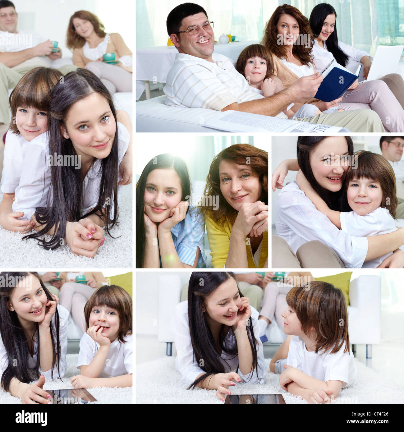 Collage of a happy family of four spending time together at home Stock ...