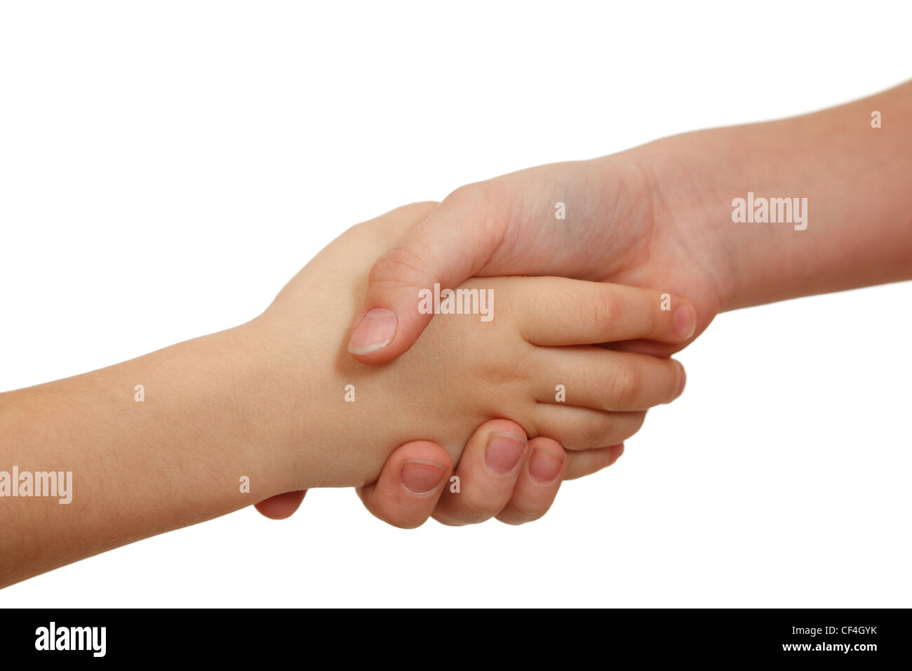 Handshake on white background. Children's hands. Close-up Stock Photo ...