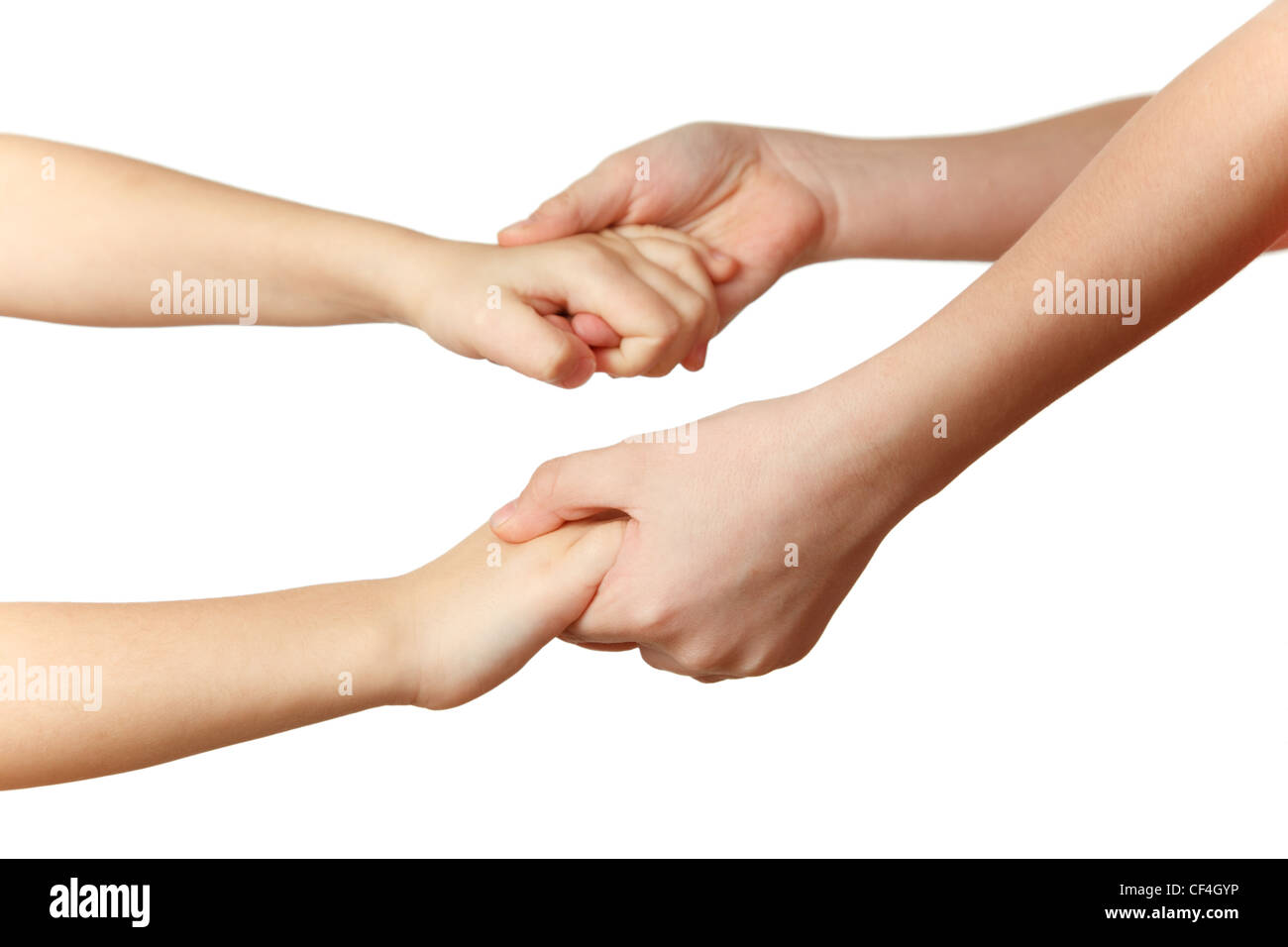 Children hold each other's hands. Close-up. Isolated on white ...
