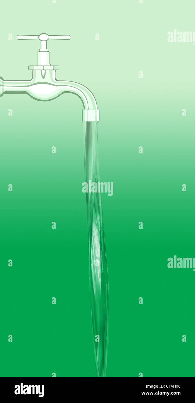 a water tap with realistic flowing water, on a green background Stock ...