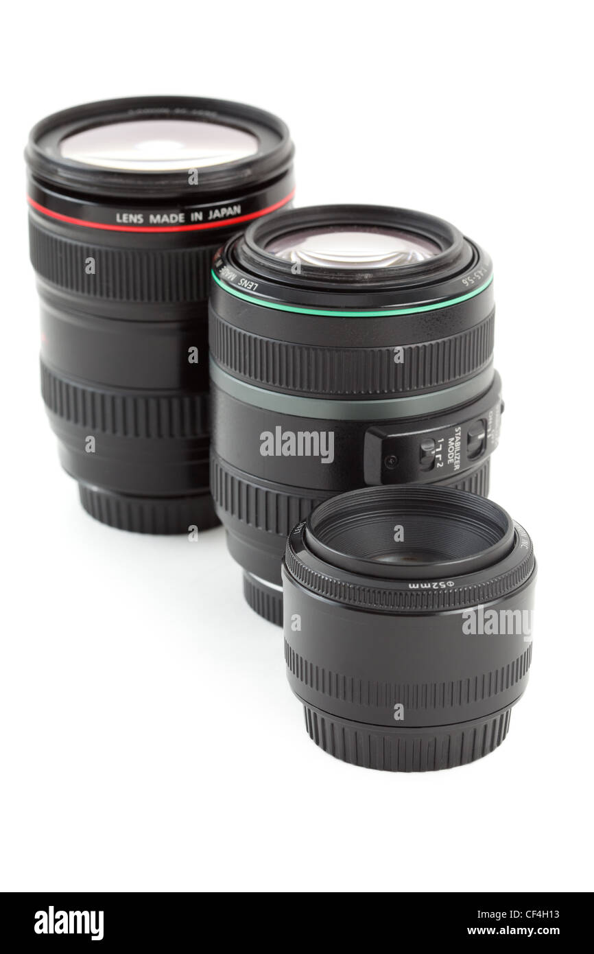 Three of lens to camera set in row. Isolated on white background. Focus ...