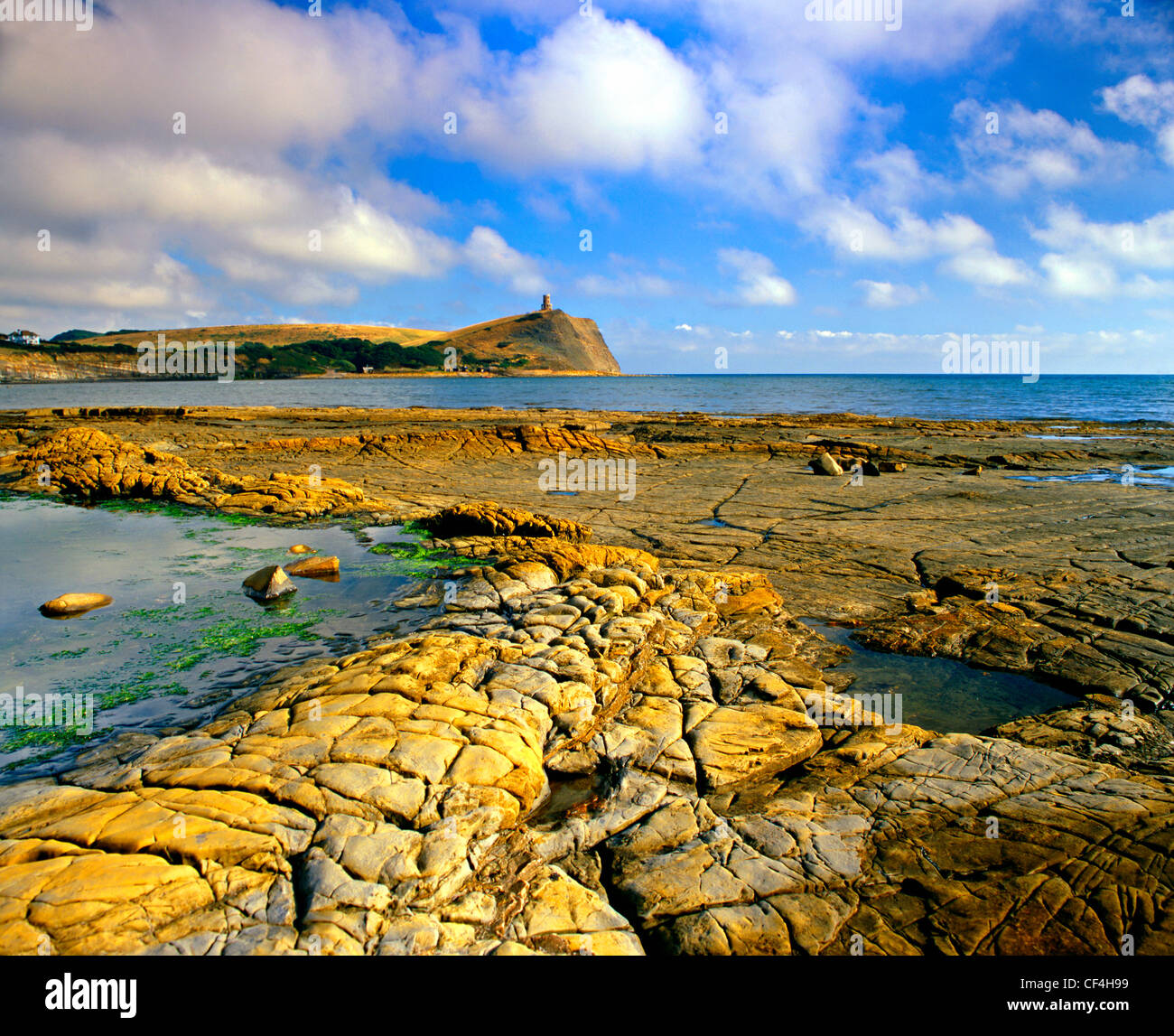 View from Kimmeridge Ledges towards Clavell Tower above Hen Cliff, a ...
