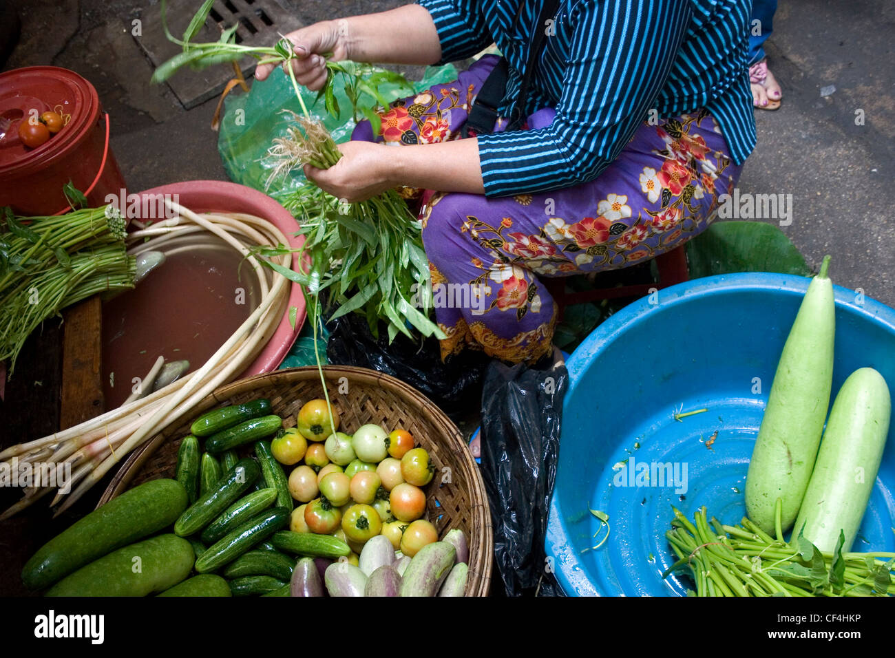 A woman vendor is selling fresh vegetables at a food stall inside the ...