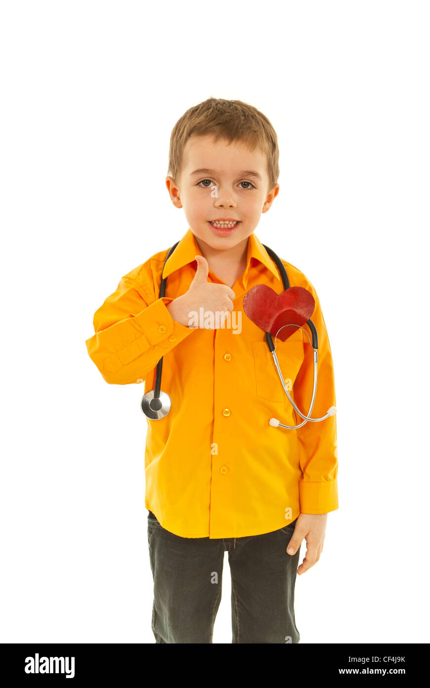 Successful future doctor boy giving thumb up isolated on white ...