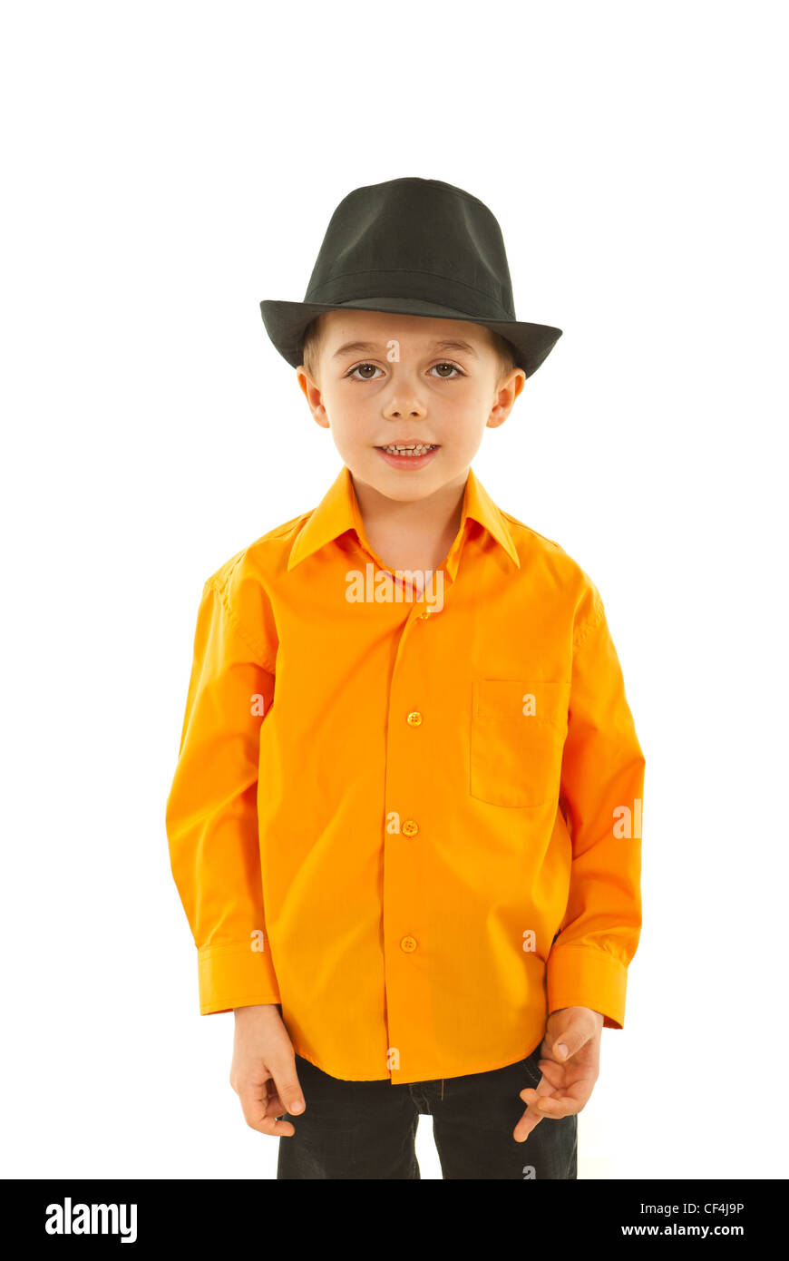 Modern kid boy wearing orange shirt and black hat isolated on white ...