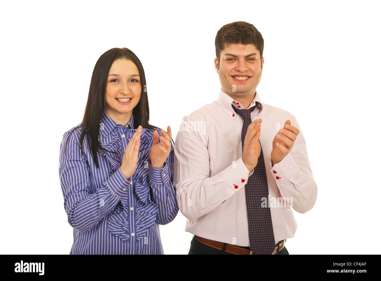 Happy two business people clapping palms isolated on white background ...
