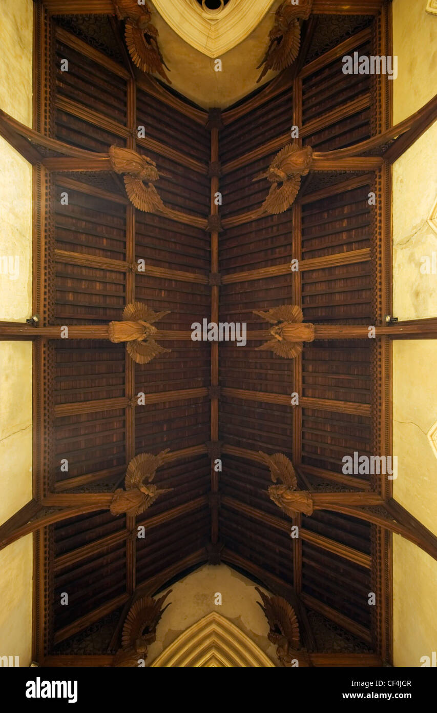 An interior view looking up to the carved roof of Booton church in ...