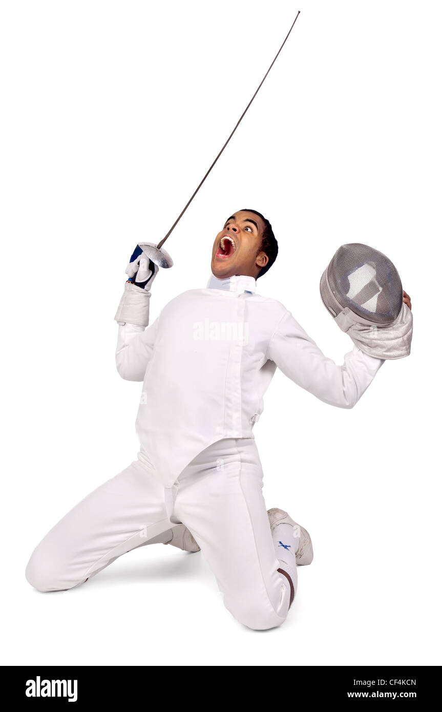 Male fencer isolated in white Stock Photo - Alamy