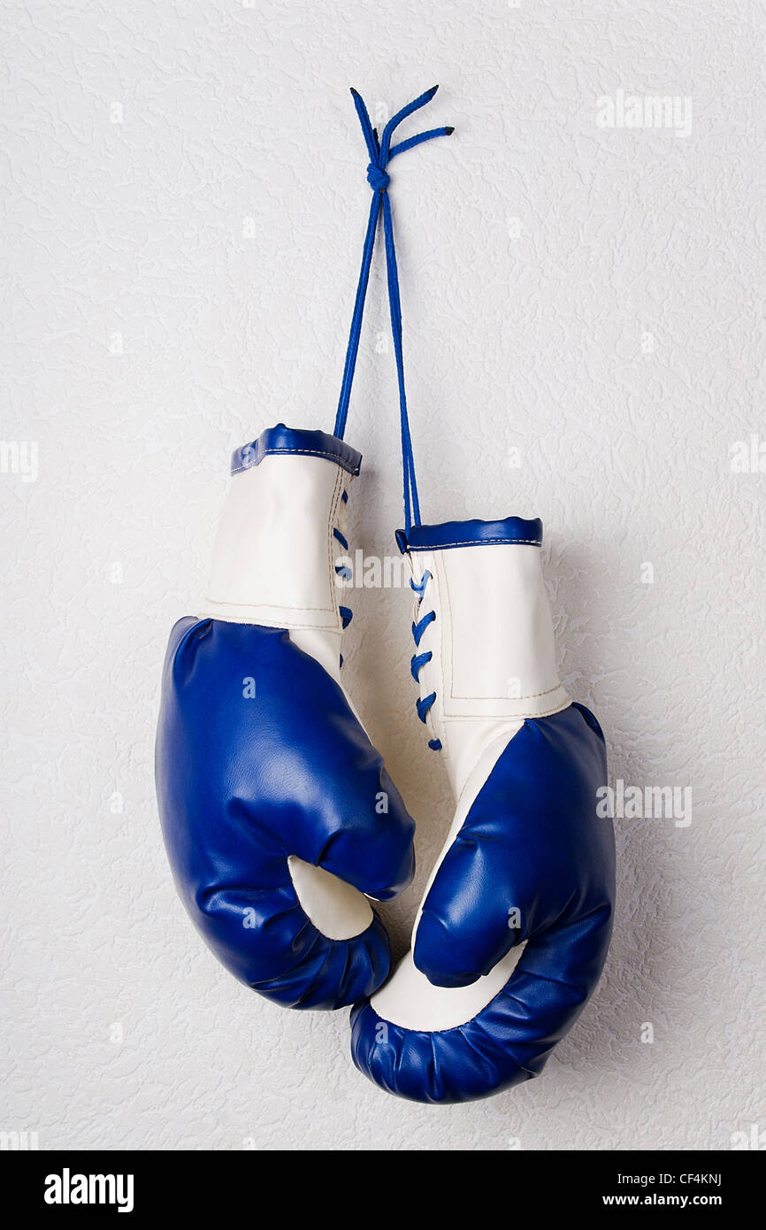 White-and-blue boxing gloves hanging on a white wall Stock Photo - Alamy