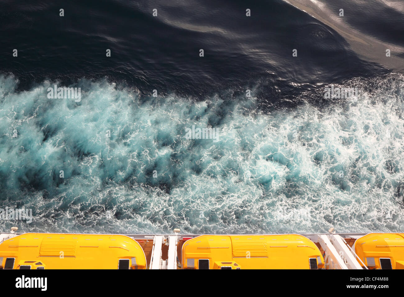 escape boats with yellow roof on cruise ship view from above Stock ...