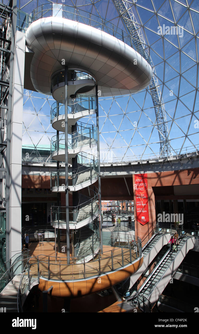 The central atrium inside Victoria Square Shopping centre with a tower ...