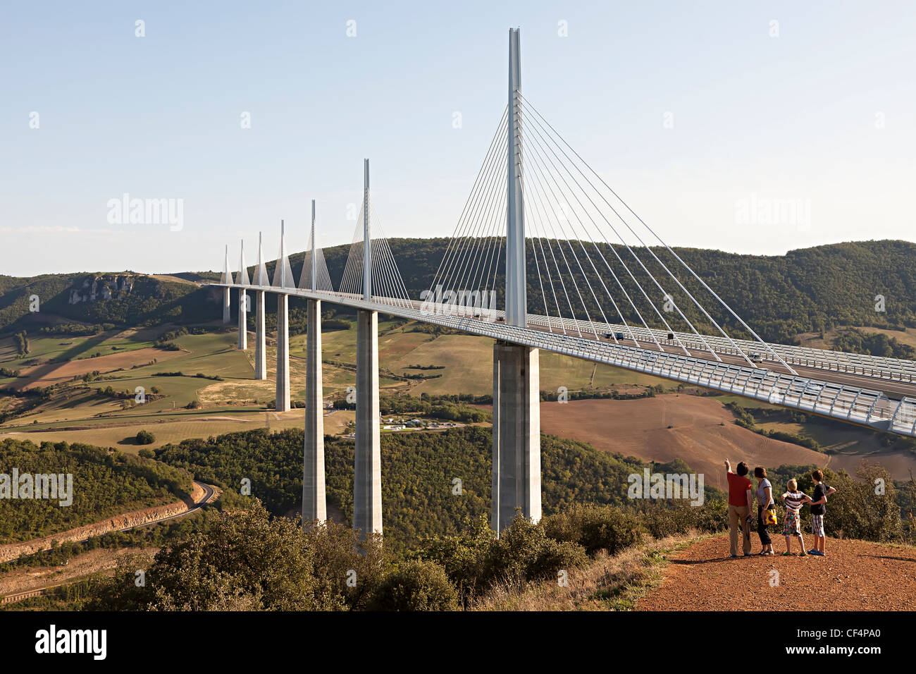 People at viewpoint for the Viaduc de Millau bridge over the river Tarn ...