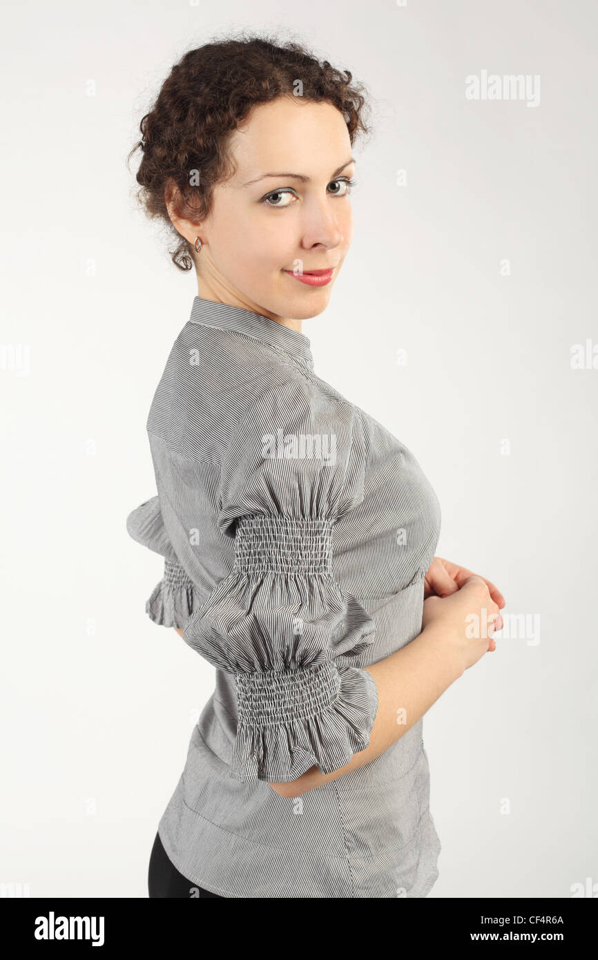 young beauty woman in business dress standing and smiling, half body ...