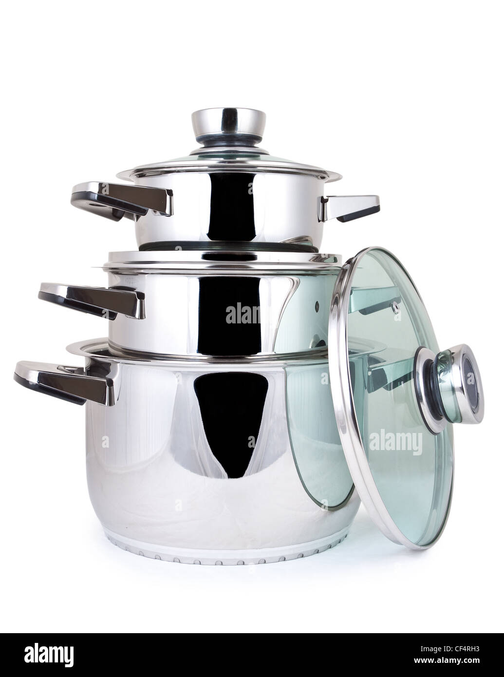 Set of cooking pots, against a white background Stock Photo - Alamy