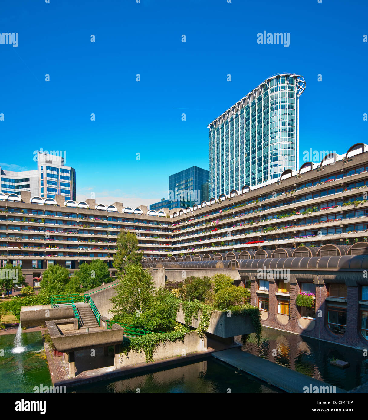 Lake and terrace blocks in the Barbican Estate in the City of London ...