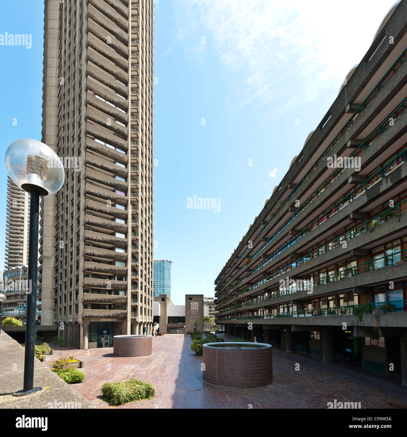 Looking from a high level walkway in the Barbican Centre towards ...