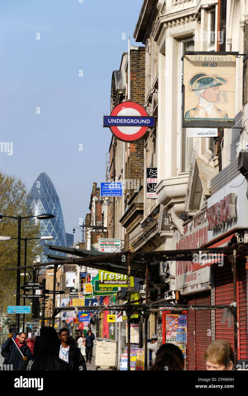 A view along Whitechapel Road, showing Whitechapel Underground Station ...