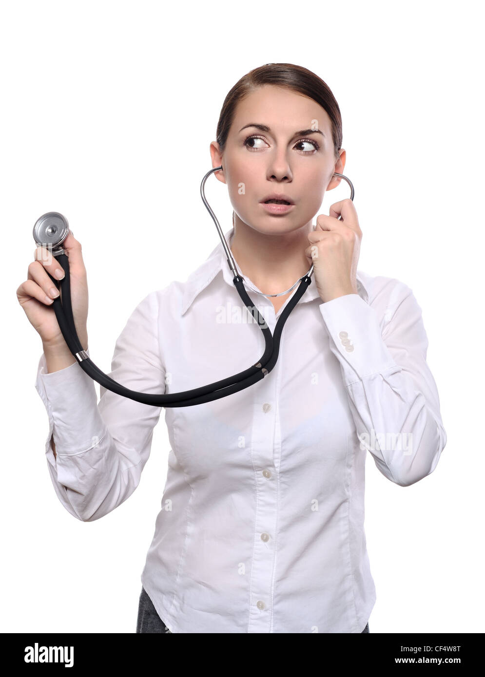 Female doctor listen with a stethoscope isolated on white background ...
