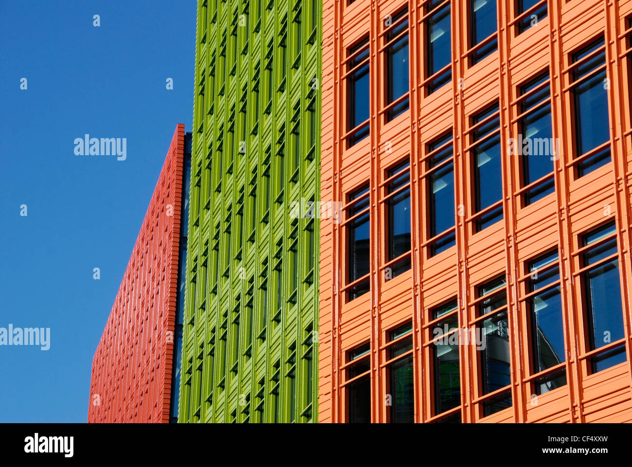 The brightly coloured glazed terracotta exterior of Central Saint Giles ...