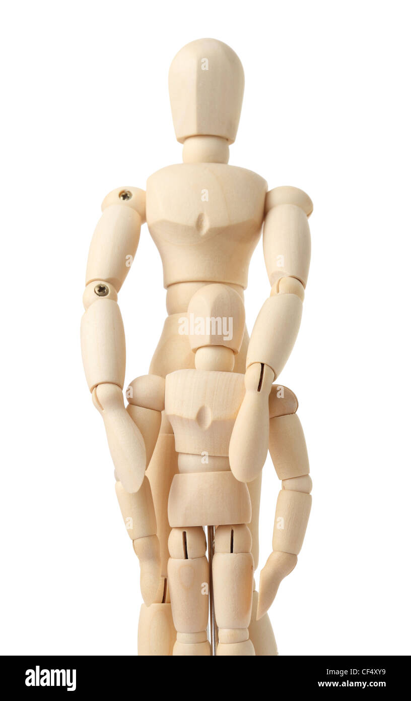 wooden figures of parent embracing his child from back, half body ...