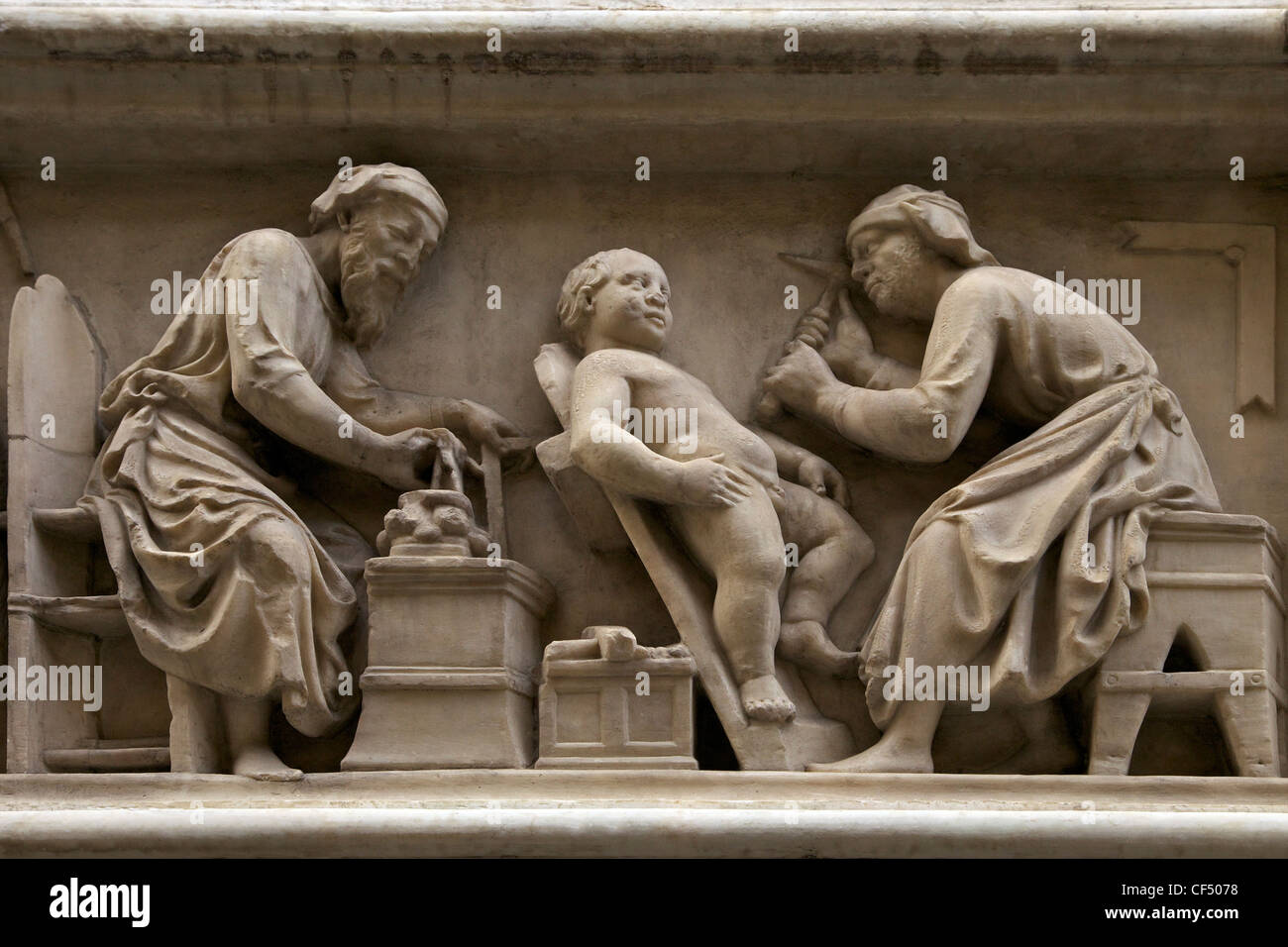 Stonemasons at work, marble relief frieze, exterior of Orsanmichele ...