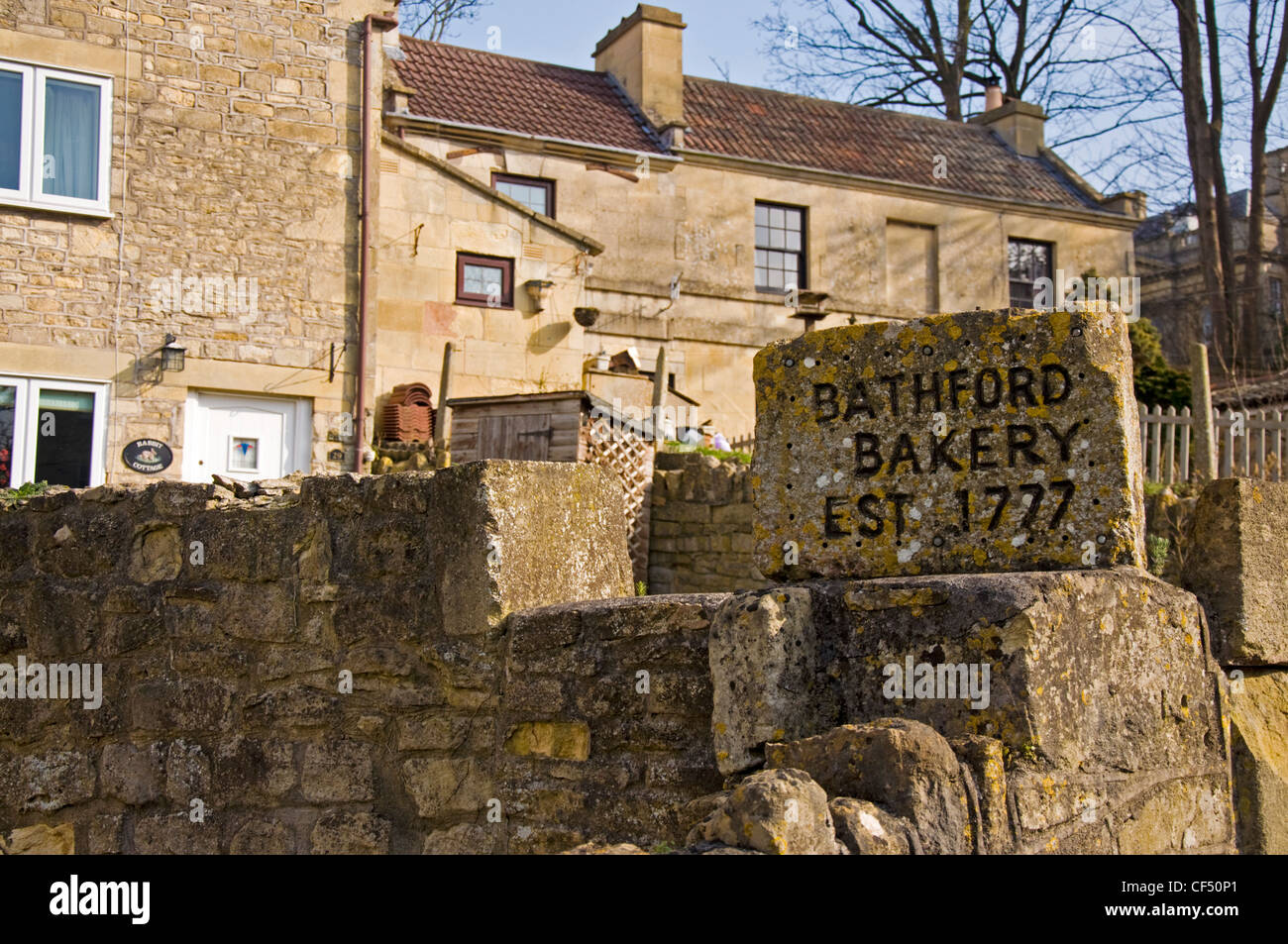 Sign showing Bathford Bakery Established 1777 in the village Stock ...