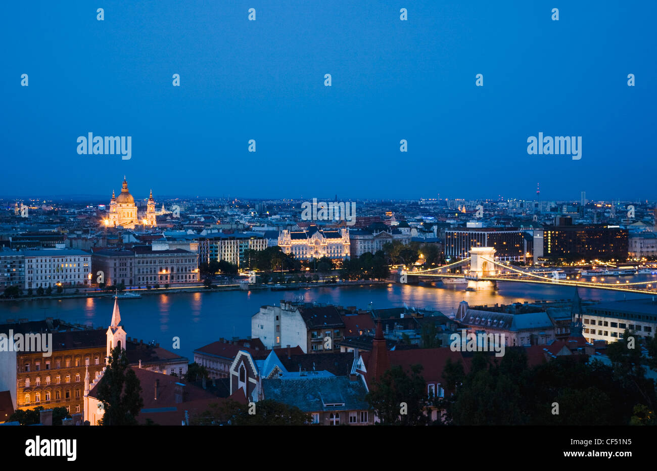 Buda Castle District: view over Danube and Pest with St Stephen's ...
