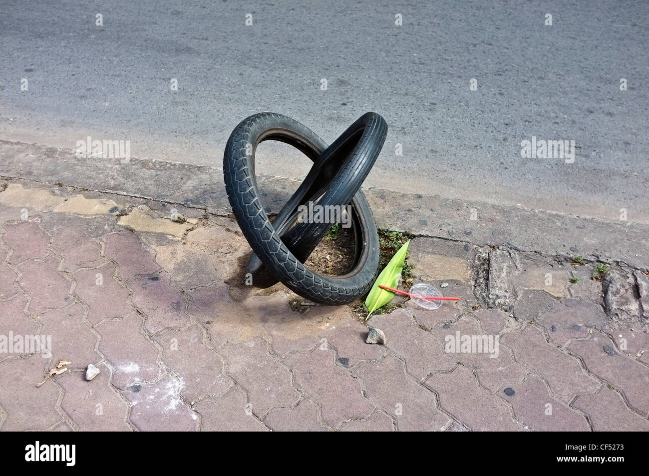 Two moped tires and green leaf on pavement, Ho Chi Minh City, Vietnam ...