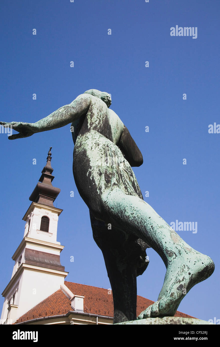 Buda Castle District: bronze statue in clear blue sky Hungary Budapest ...