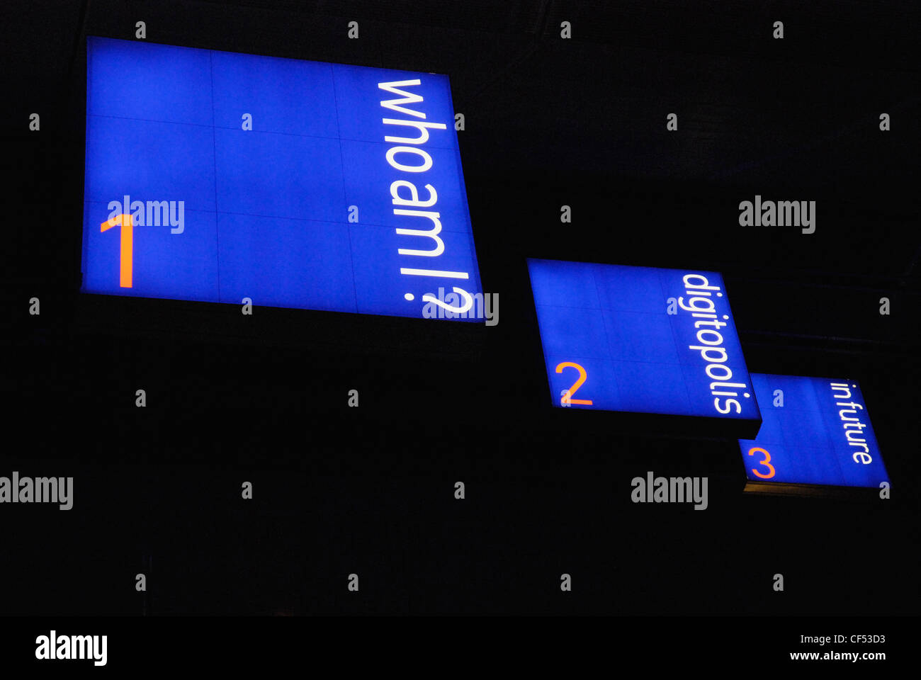 Blue illuminated signs at the London Science Museum Stock Photo - Alamy