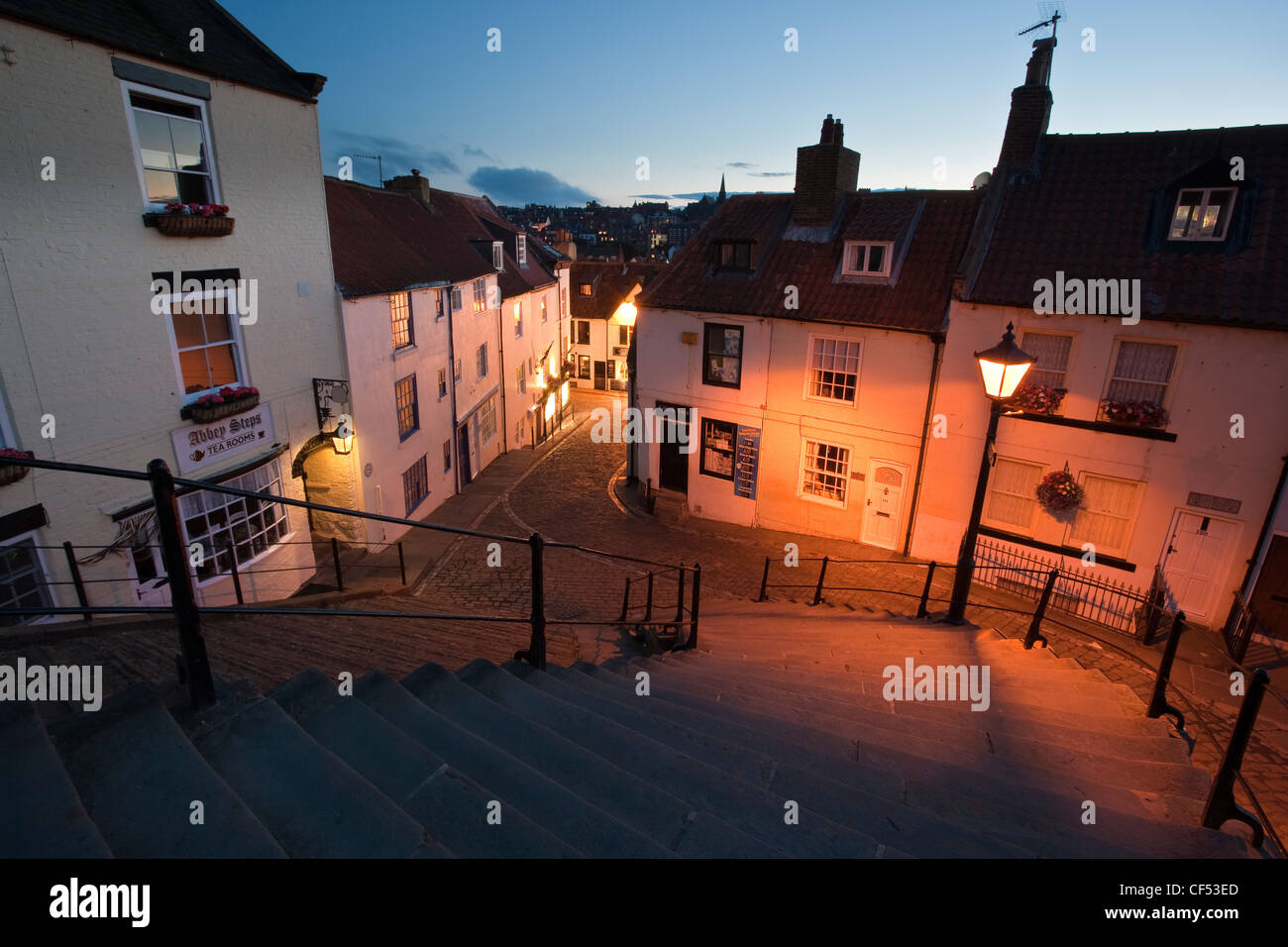 The old town of Whitby at the bottom of the 199 steps that lead up to ...