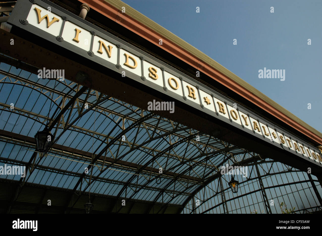 Looking up at the victorian signage for the Old Windsor Royal Station ...