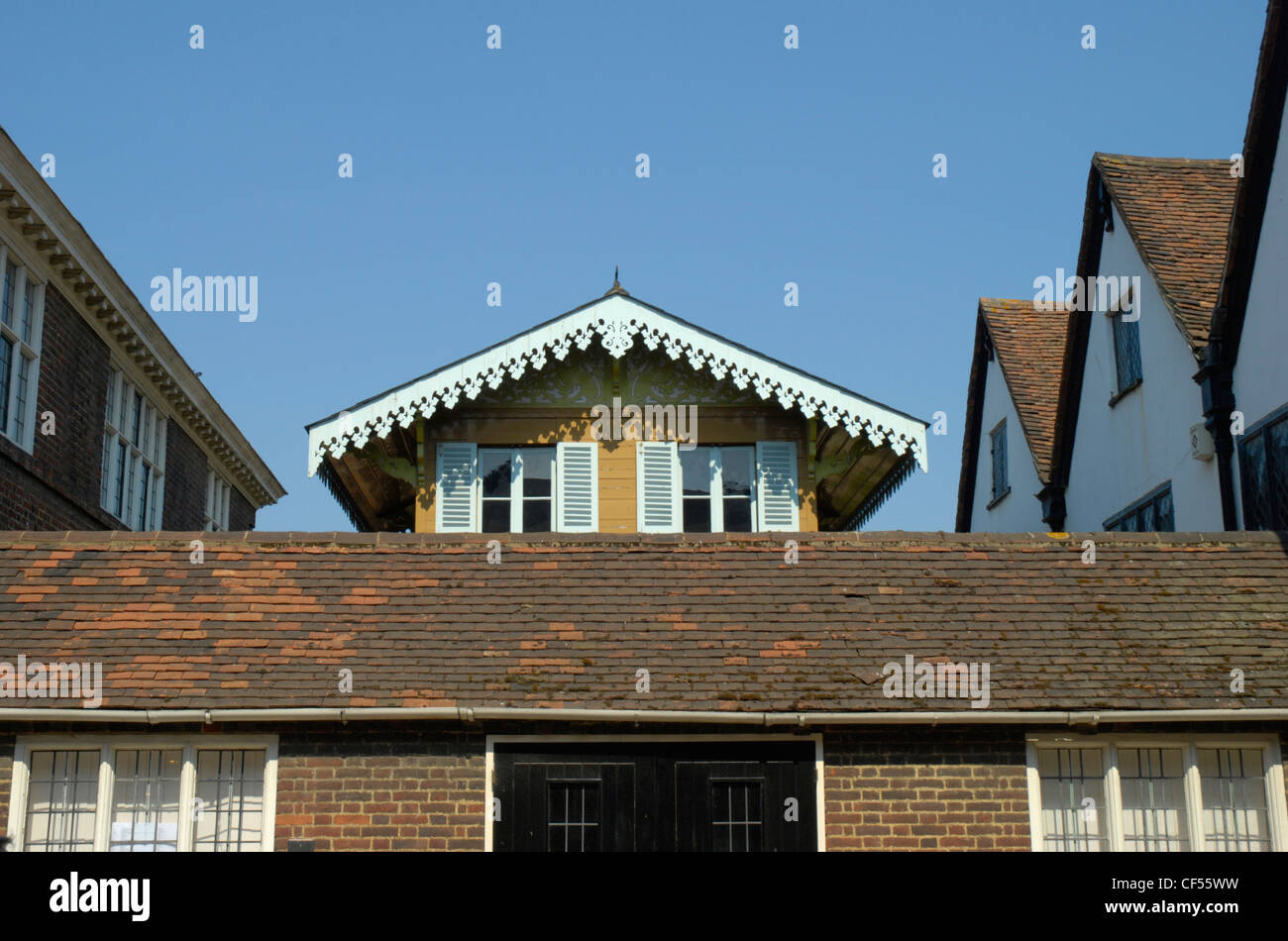View of the top of Charles Dickens chalet in Rochester High Street ...