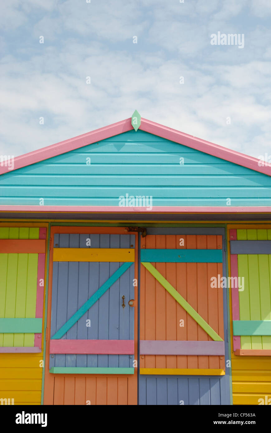 A close up of a bright multi coloured beach hut in Whitstable Stock ...