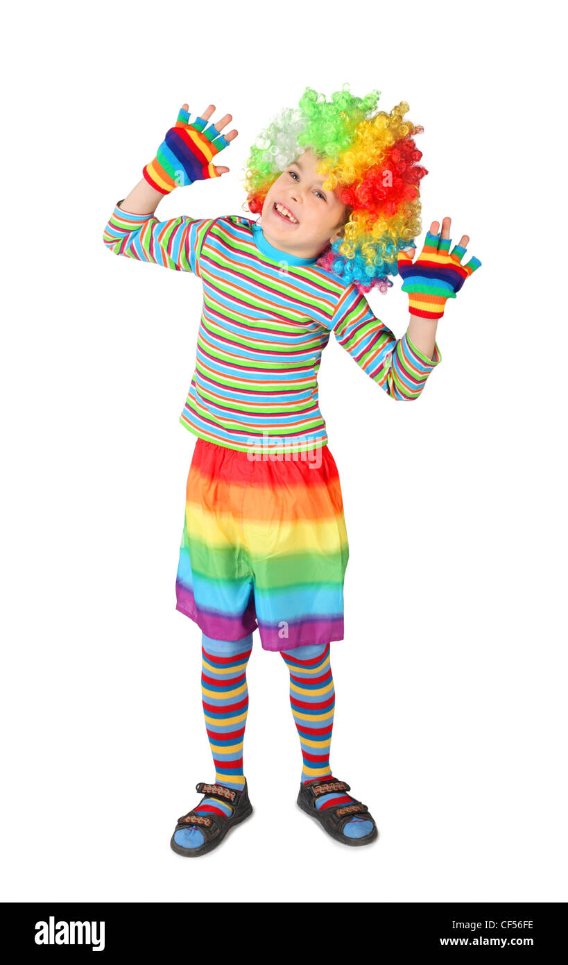 little boy in clown dress hands up isolated on white background Stock ...