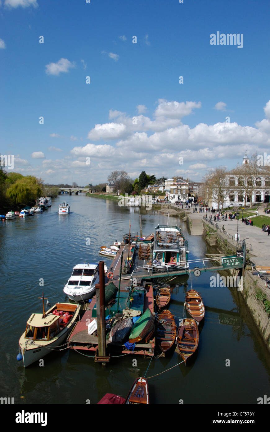 Overlooking the boats moored beside buildings at Richmond Riverside ...