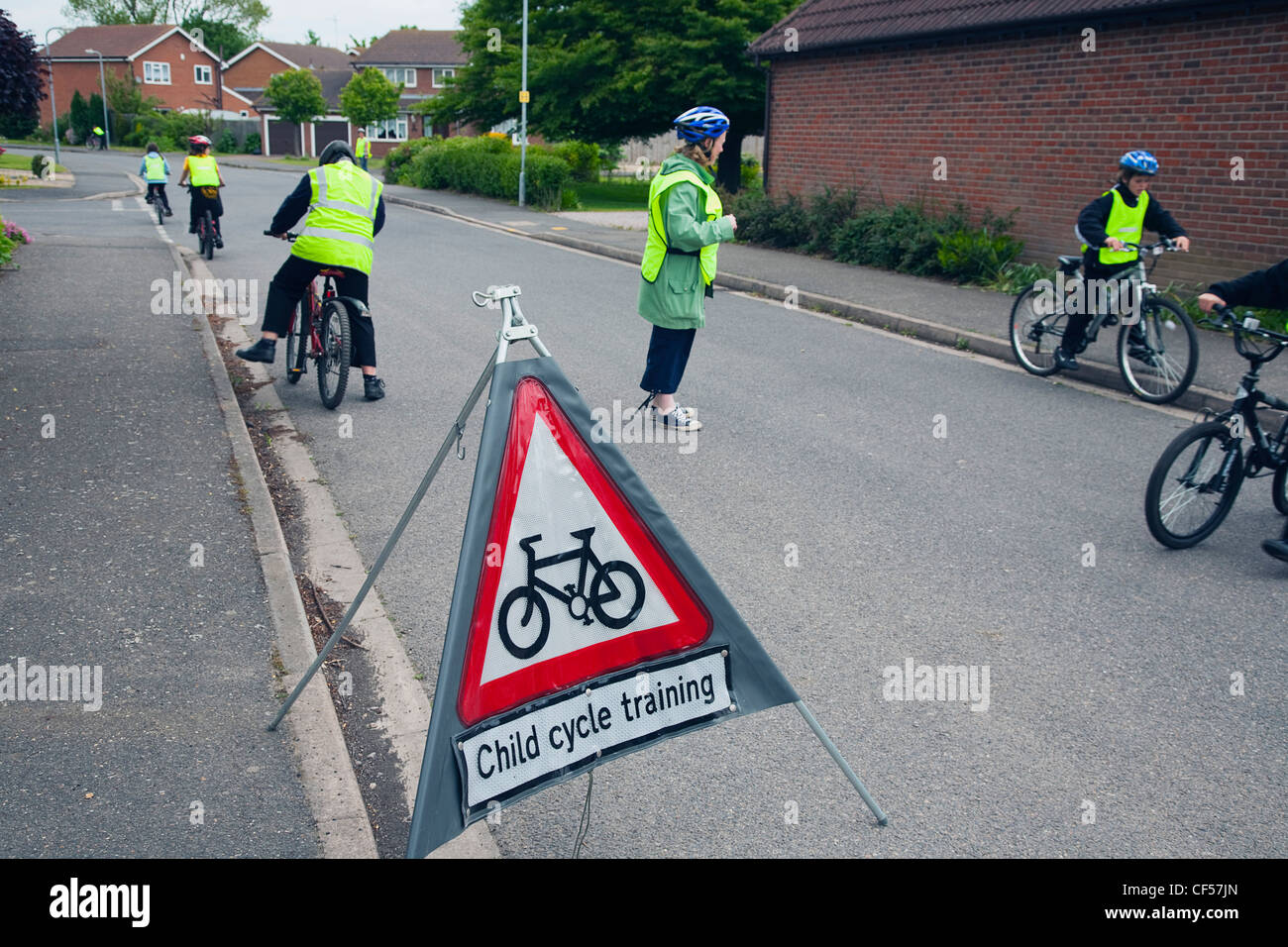 England, Lincolnshire, School children being taught cycle safety ...