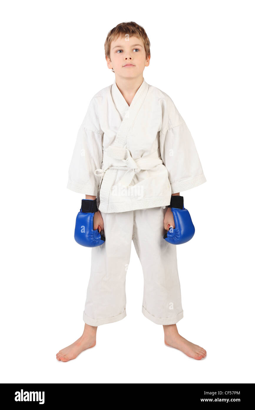 little boxer boy in white dress and blue boxing gloves hands down ...