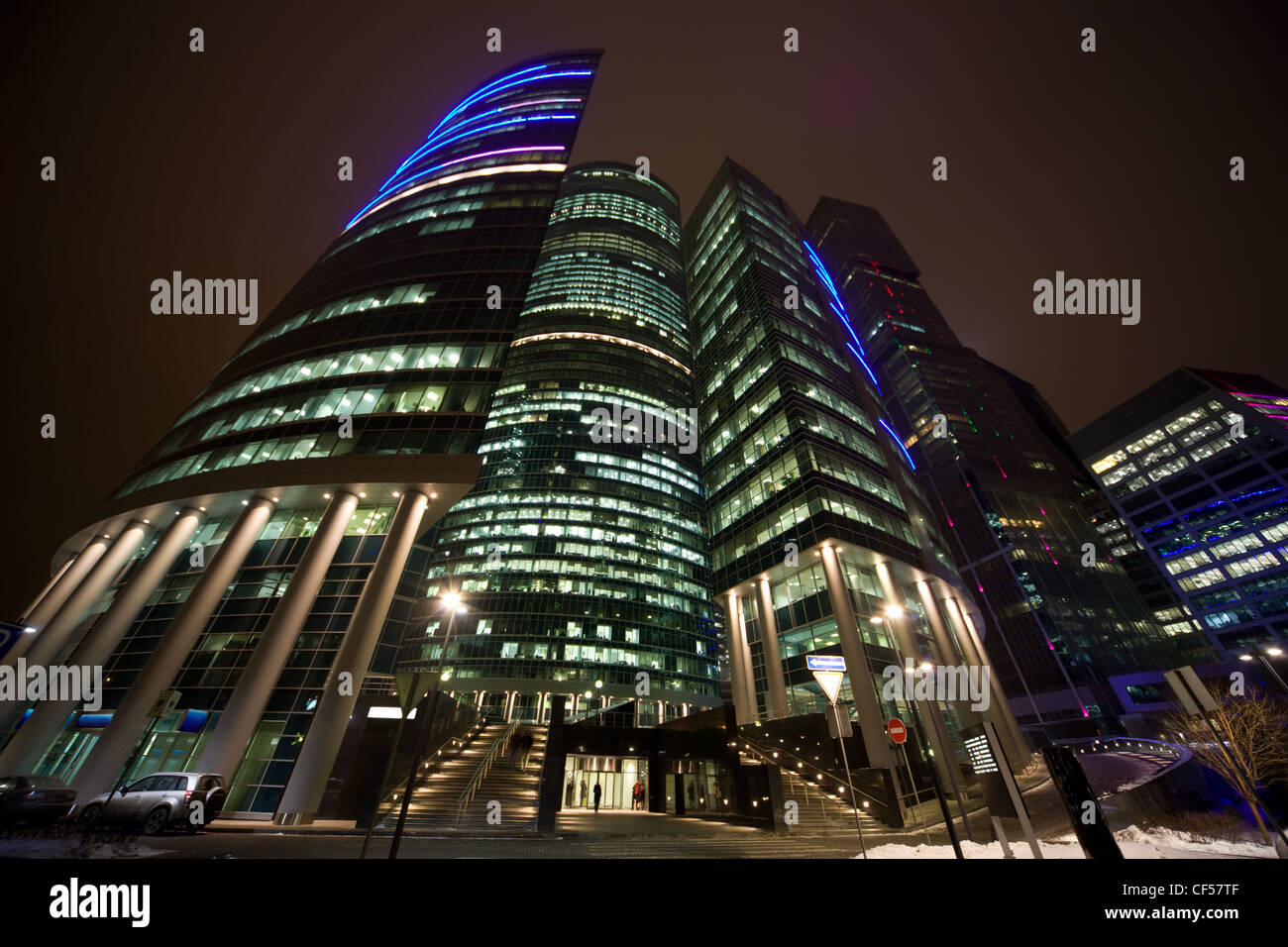 modern office building at night, skyscraper in moscow, foreshortening ...