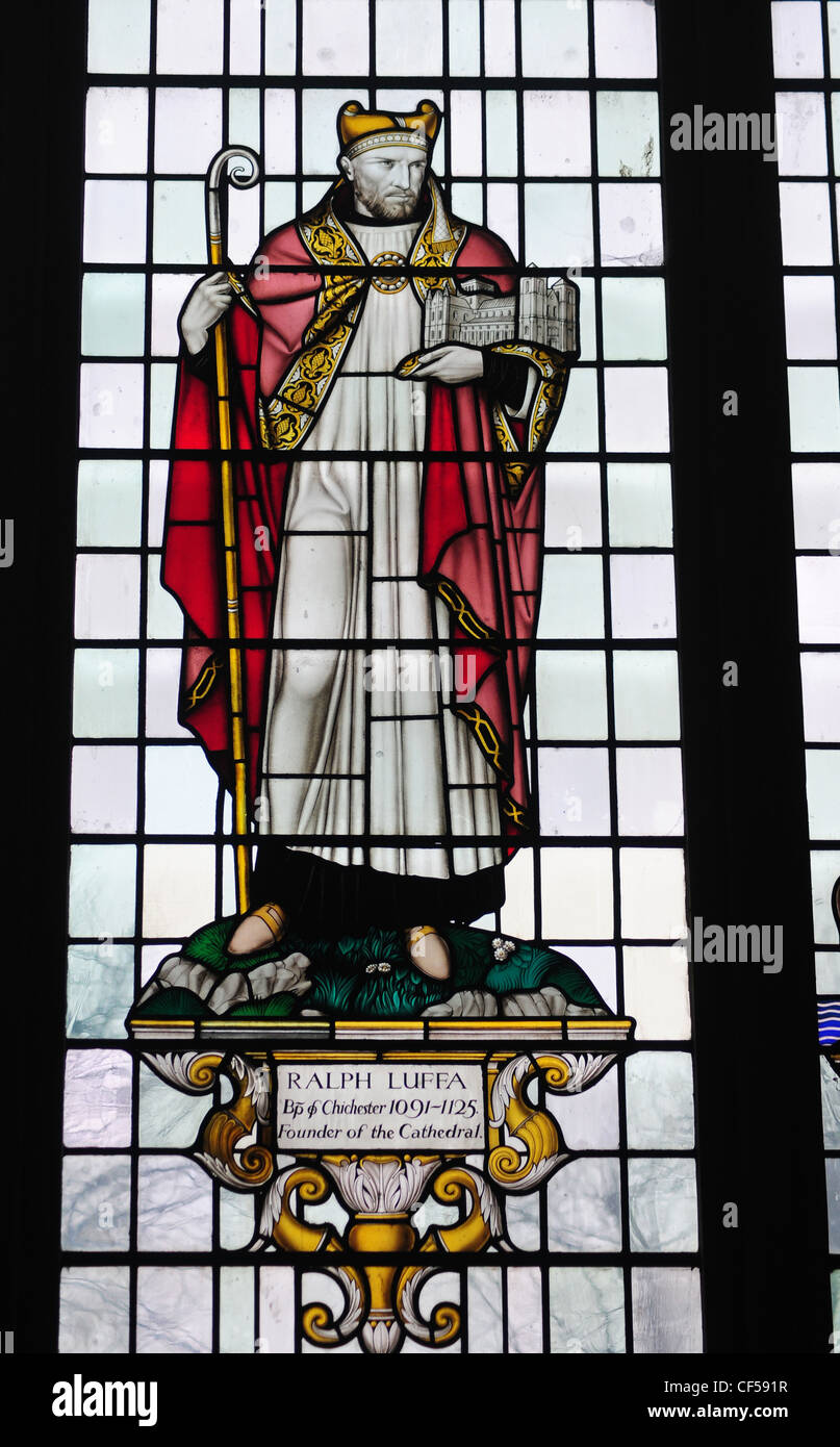 Stained glass window depicting Bishop Luffa. Chichester Cathedral Stock ...